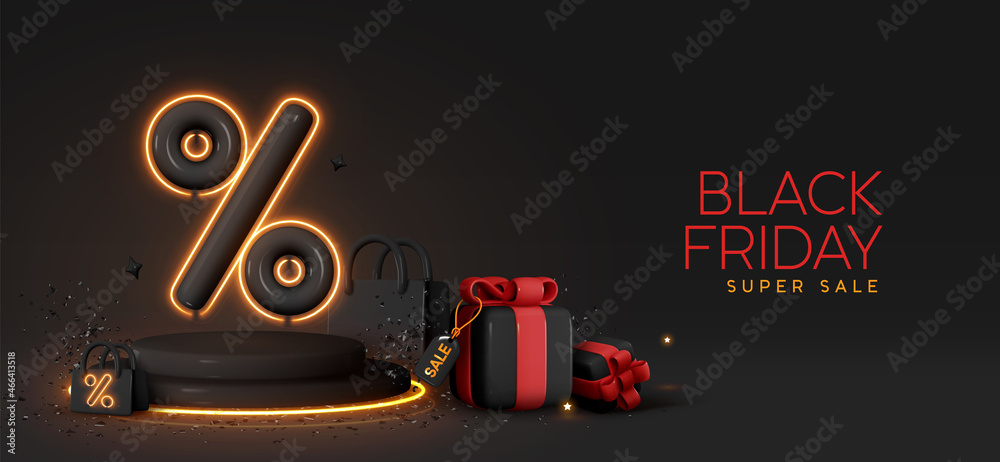 Black Friday Sale. Realistic 3d design stage podium, round studio, gold ...