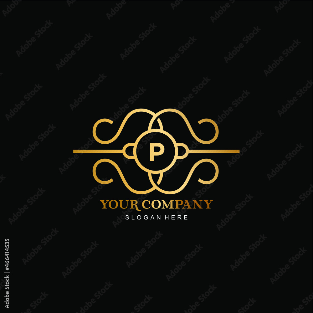letter P vector logo and gold frame. simple and elegant gold frame line ...