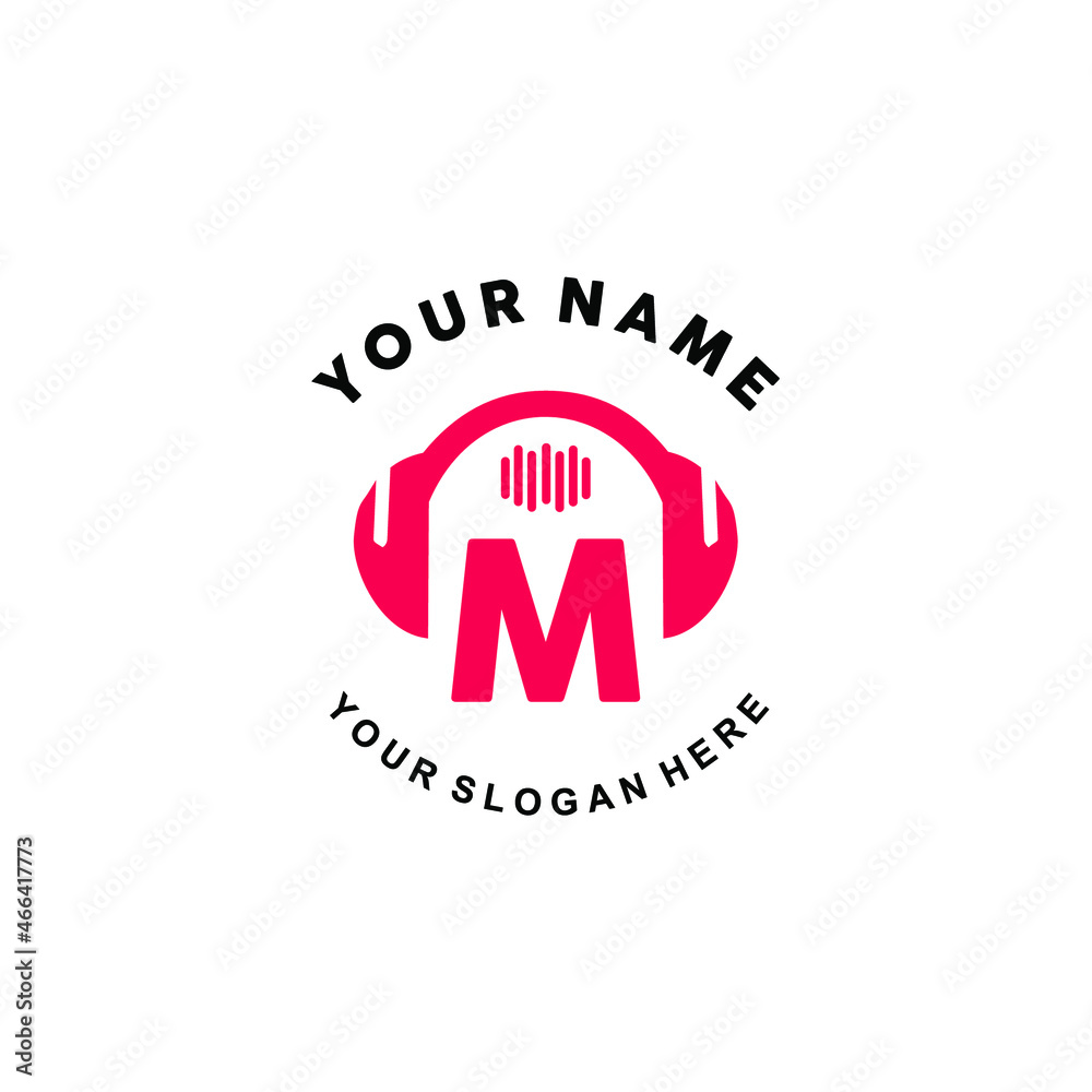 logo letter M music. vector illustration of letter M and headset icon ...