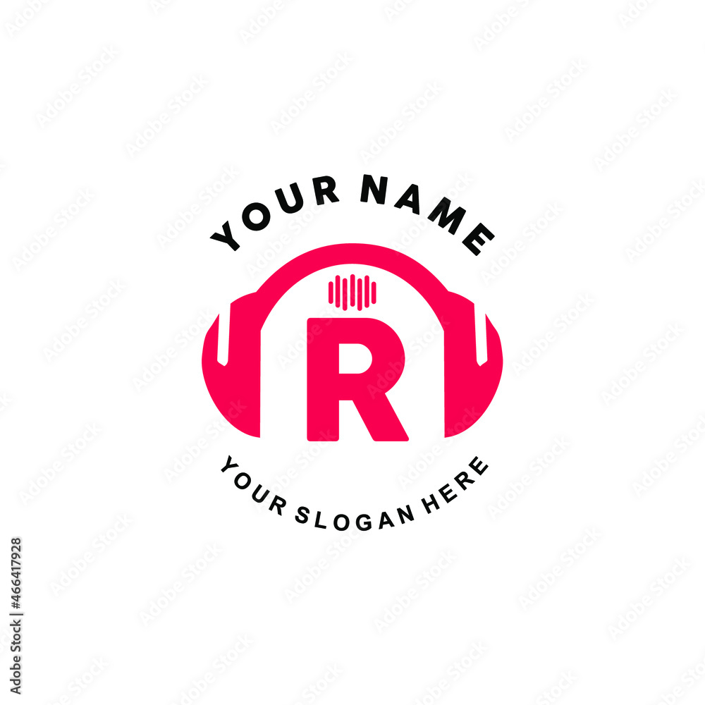 logo letter R music. vector illustration of letter R and headset icon ...