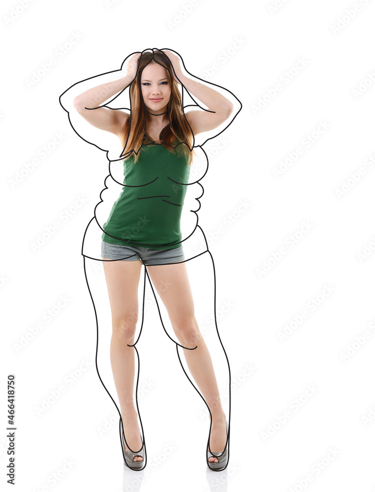 Attractive slim girl, full length portrait isolated on white background ...