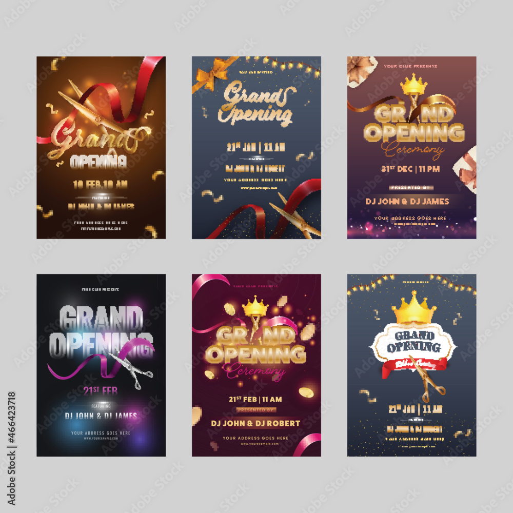 Set Of Grand Opening Party Flyer Design With Event Details On Gray ...