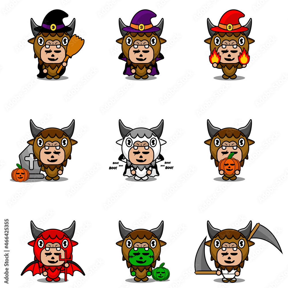 Vector Cartoon Character Cute Bison Animal Mascot Costume Set Halloween