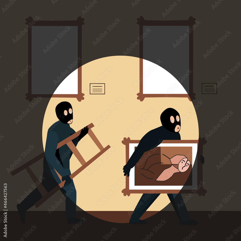 Two masked thieves steal a painting from a museum. Thief with a ladder ...