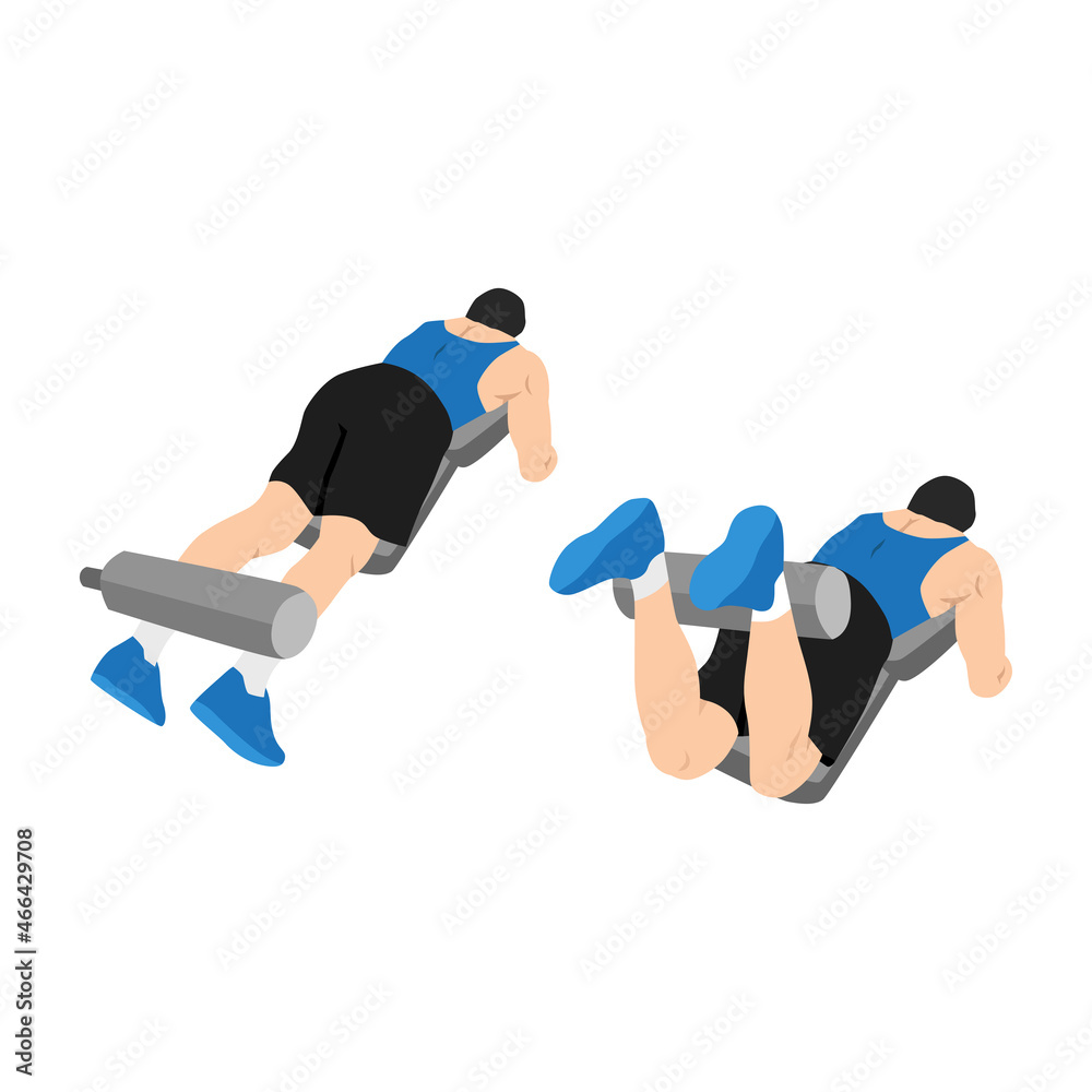 Man doing Lying leg curls exercise. Flat vector illustration isolated ...