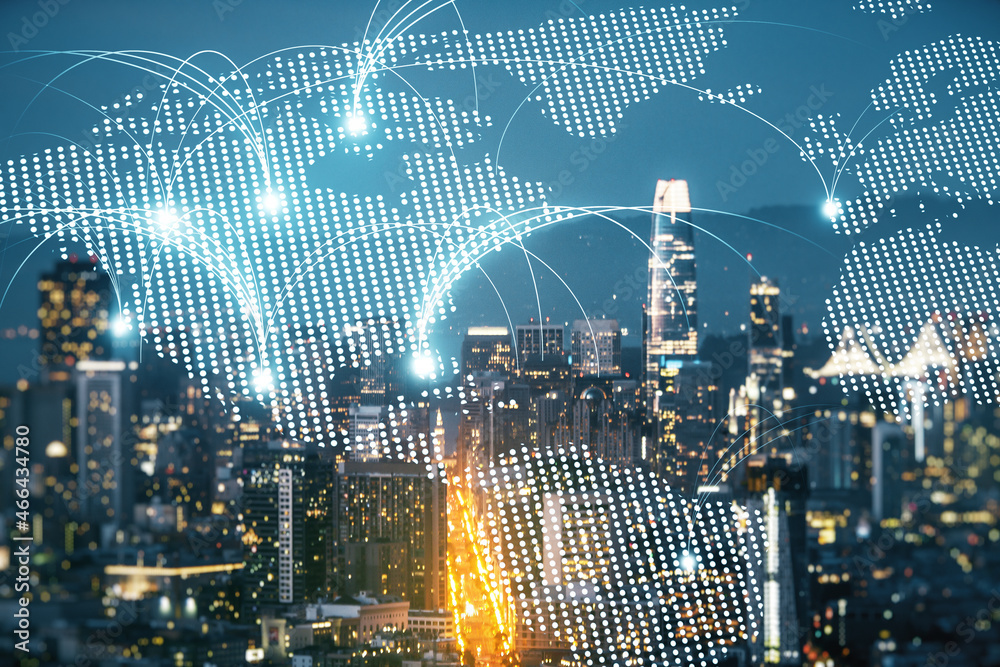 Double exposure of abstract digital world map hologram with connections ...