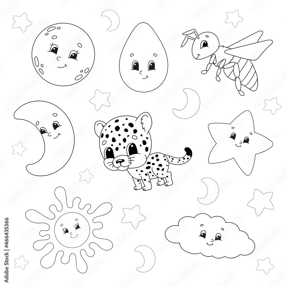 Set of stickers with cute cartoon characters. Coloring book for kids ...