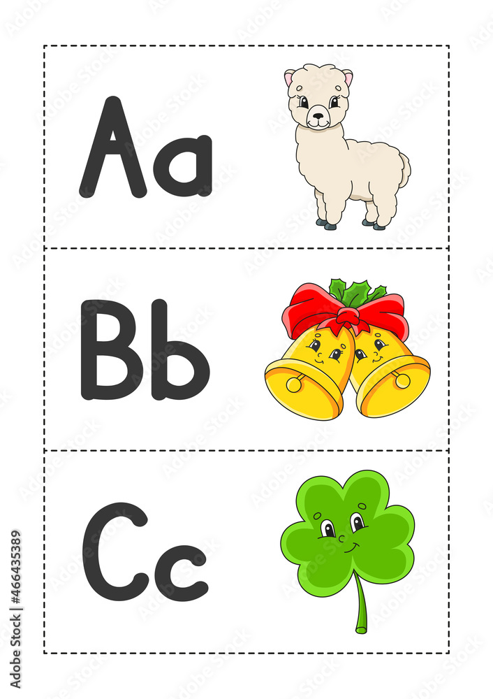 English alphabet with cartoon characters. Flash cards. Vector set ...