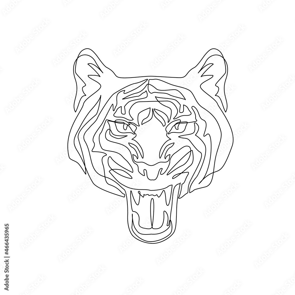 Tiger head one line drawing style. Tiger roaring, mouth open Stock ...
