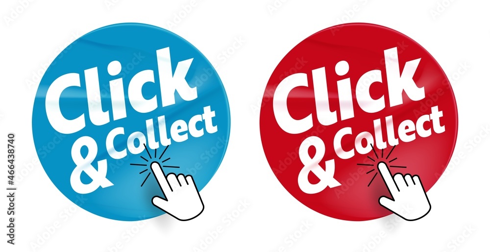Click and collect online shopping button or sticker set. Realistic ...