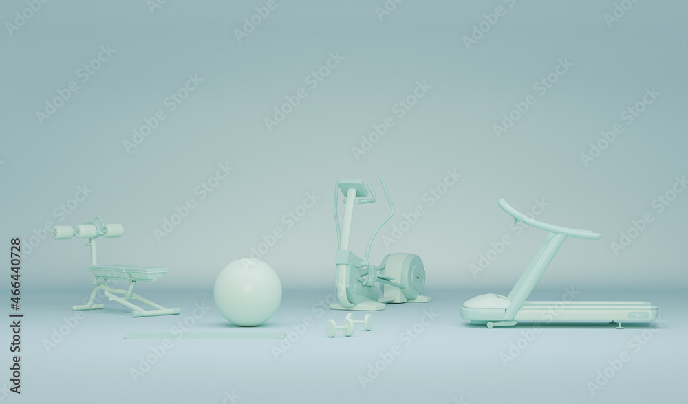 Fitness ball, weights and exercise bike. Pastel blue and green colors ...
