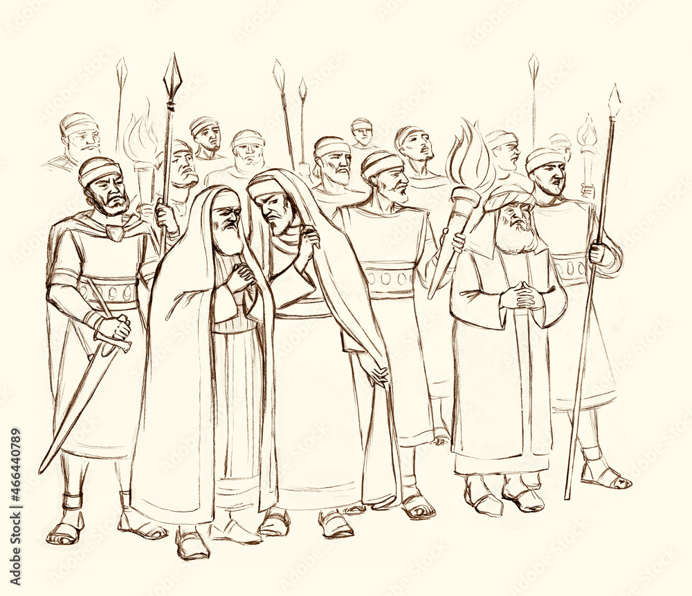 Pharisees and high priests with soldiers in Gethsemane. Pencil drawing ...
