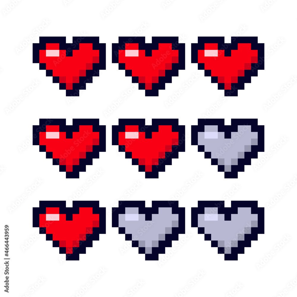 Pixel game element. Game pixel art magic items, digital pixelated lives ...