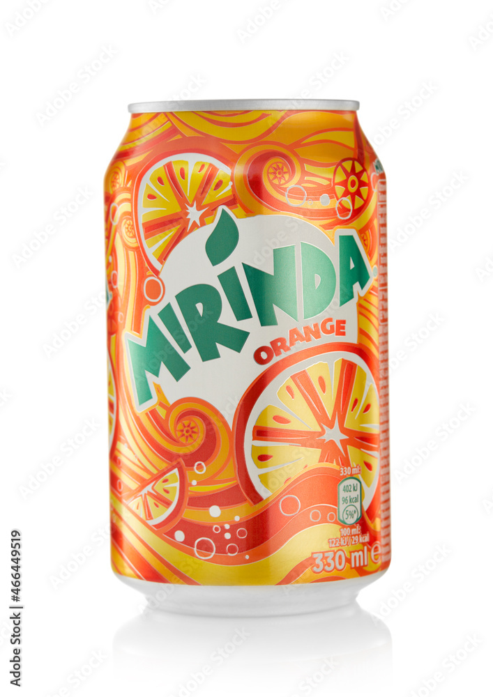 LONDON,UK - OCTOBER 21, 2021 : Aluminium can of Mirinda Orange soda ...