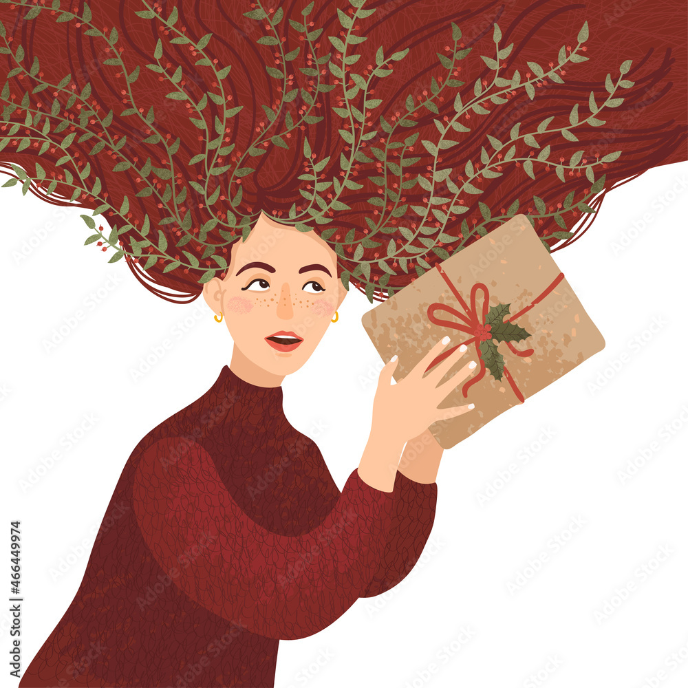 Vector christmas illustration of a woman with a gift box. For ...