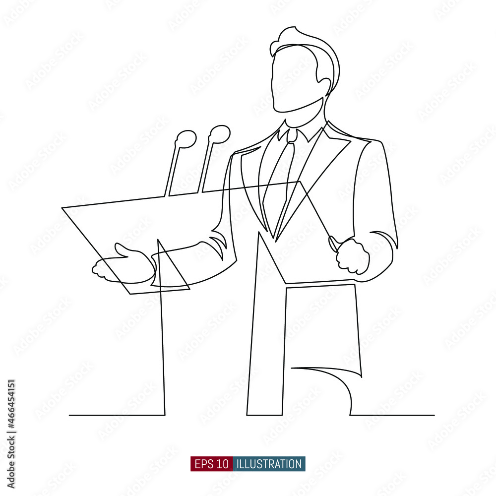Continuous line drawing of A man speaks from the stage. Public speech ...