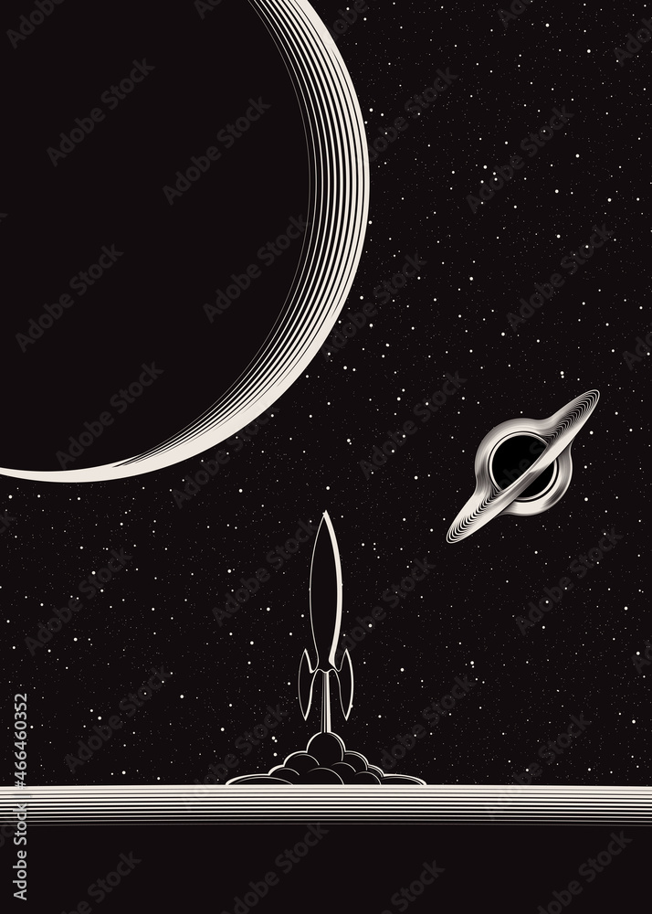 Space background with planet, cosmic ship and black hole. Modern black ...