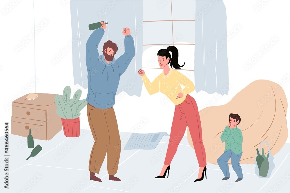 Vector cartoon flat parents characters quarreling about dad drinking ...