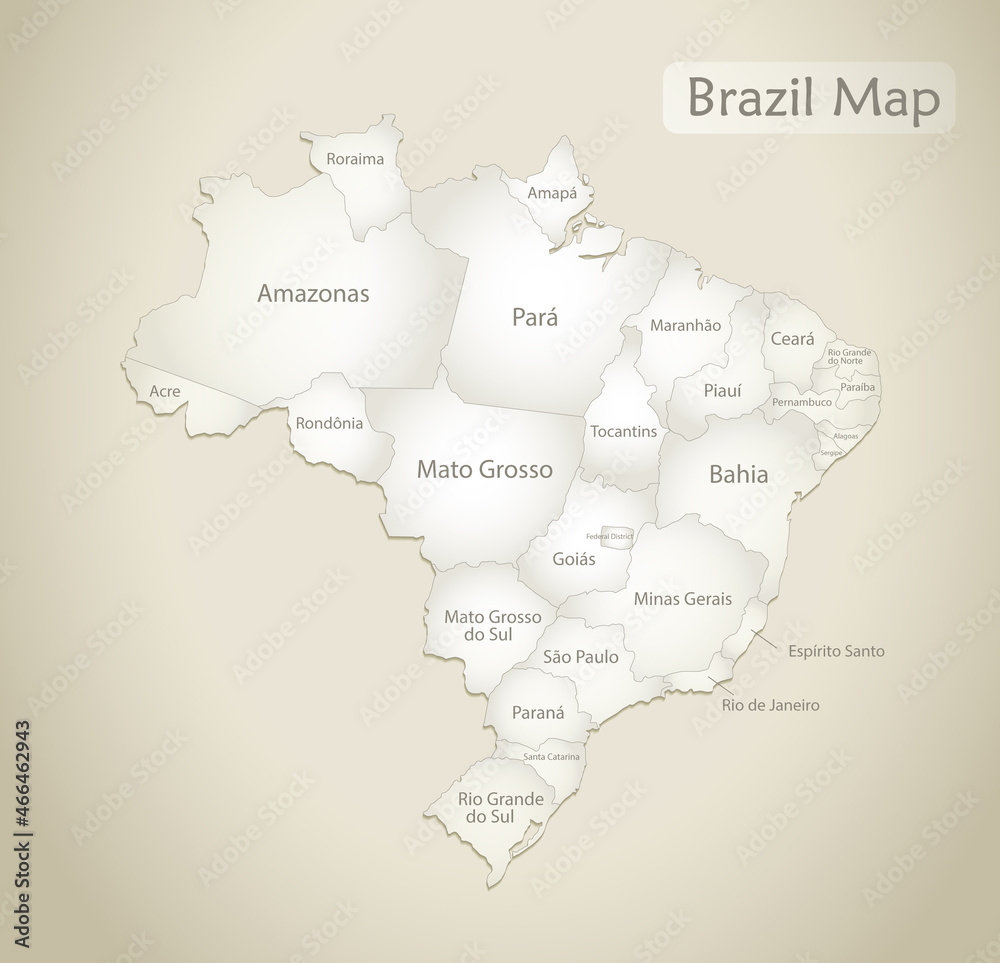 Brazil map, administrative division with names, old paper background ...