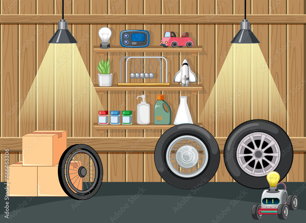 Garage interior with storage and equipments Stock Vector | Adobe Stock