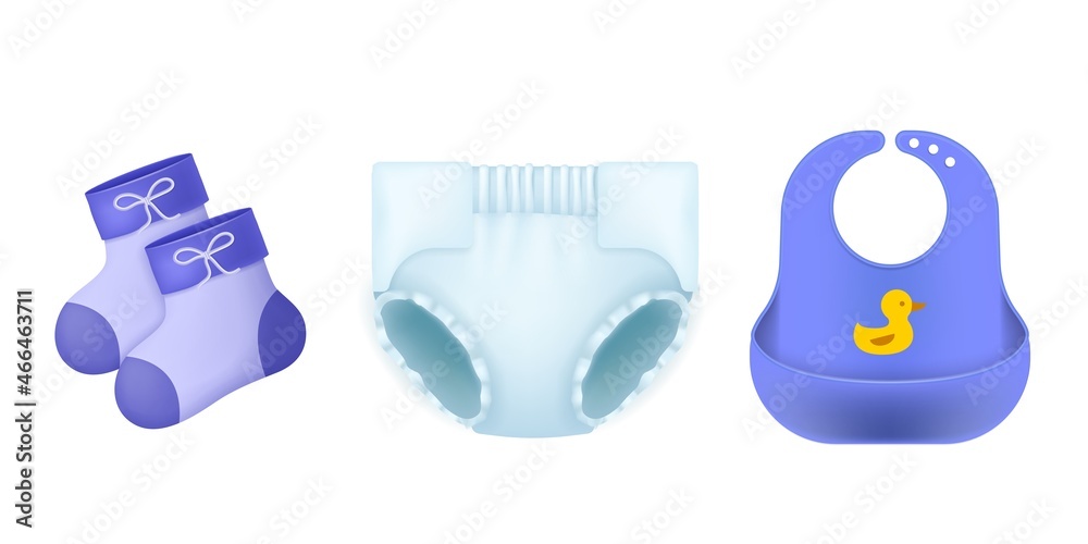 Realistic baby items. Kids clothes, hygiene products and items for ...