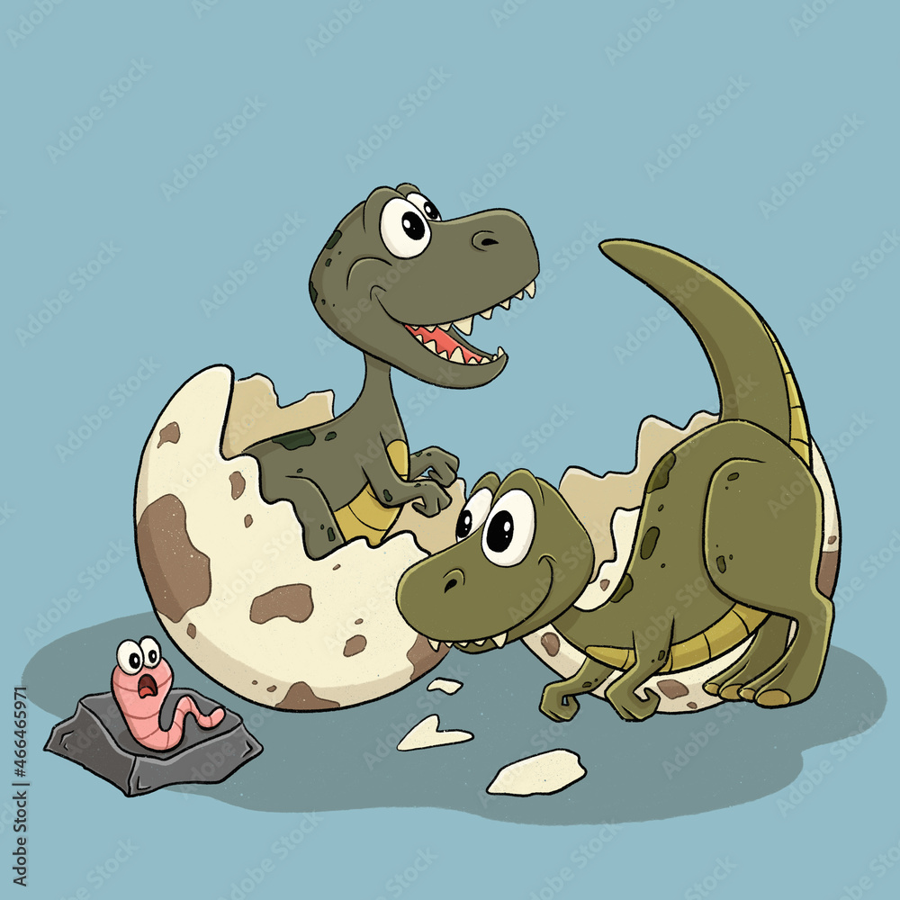 Two tyrex dinosaur babies hatched from an egg. Tyrannosaurus rex. A ...