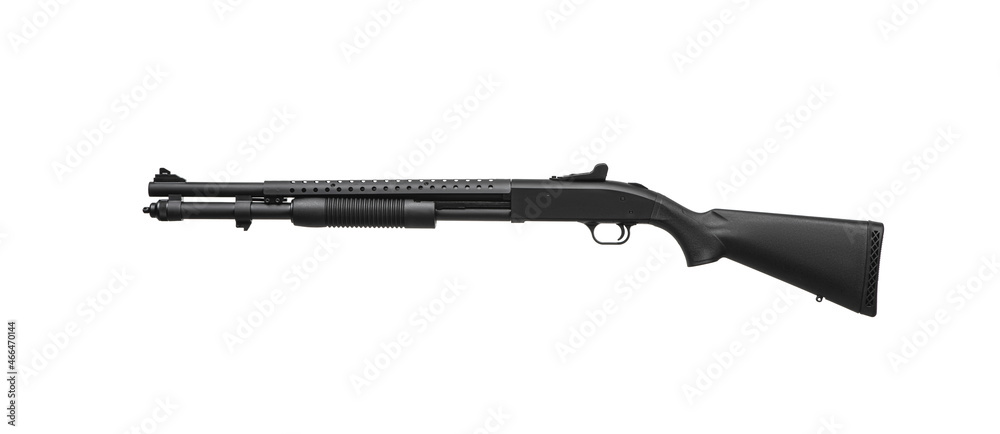 Pump-action 12 gauge shotgun isolated on a white back. A smooth-bore ...