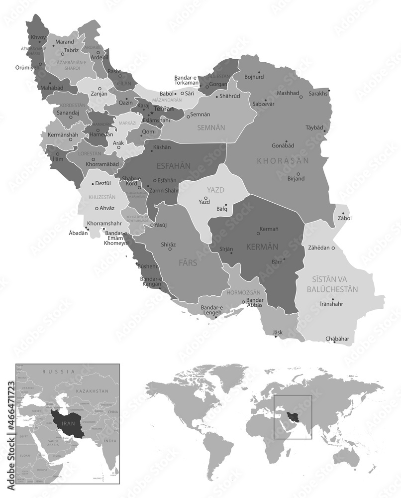 Iran - highly detailed black and white map. Stock Vector | Adobe Stock