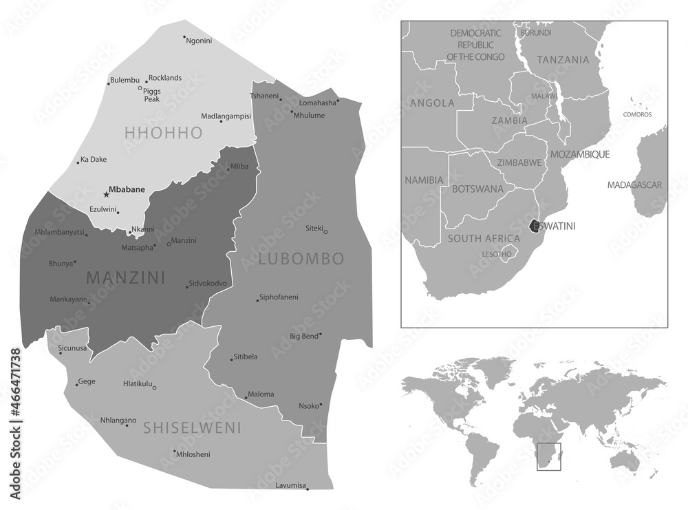 Eswatini - highly detailed black and white map. Stock Vector | Adobe Stock