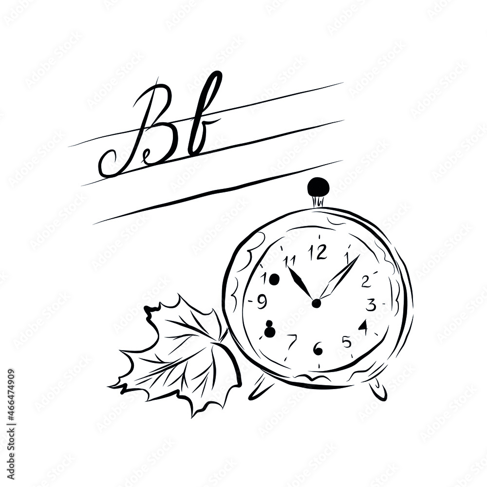Handwritten letter B, clock and leaves. School emblem. Vector ...