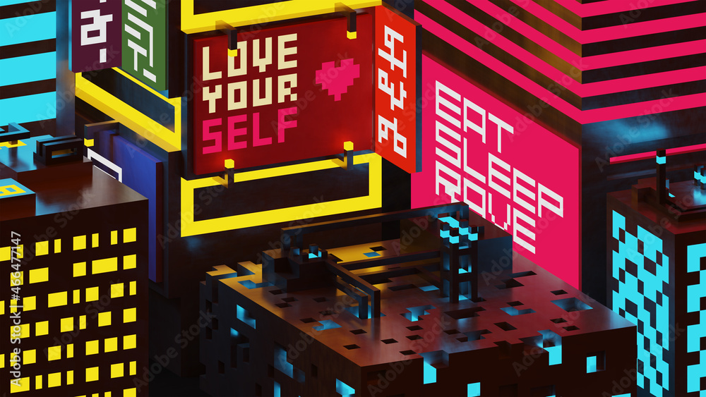 3d voxel night cityscape background. Pixel art cyberpunk style city ...