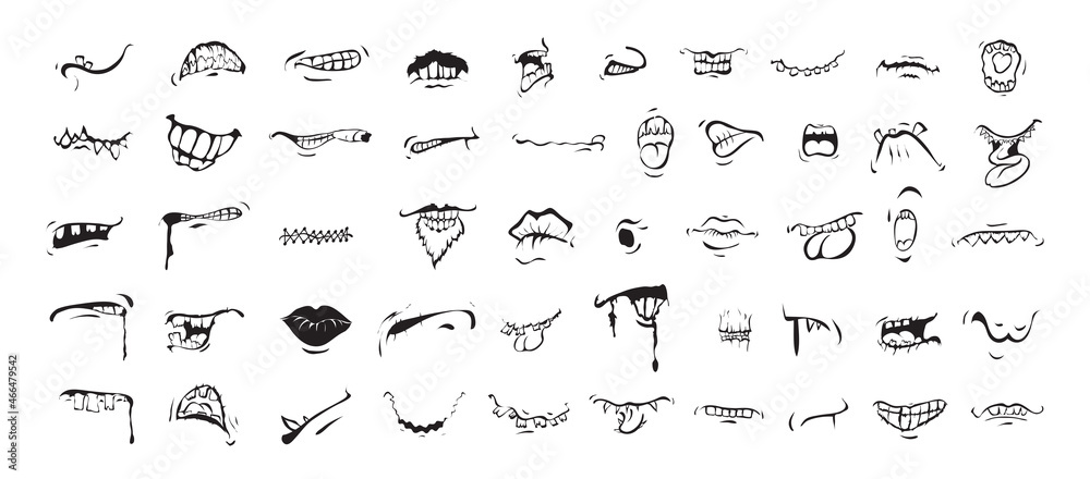Collection of cartoon meme mouths in sketch style. Emoji for creating ...