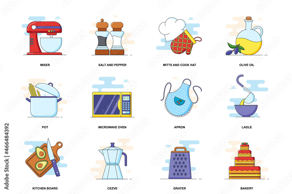 Cooking web concept stroke flat line icons isolated set. Kitchen ...