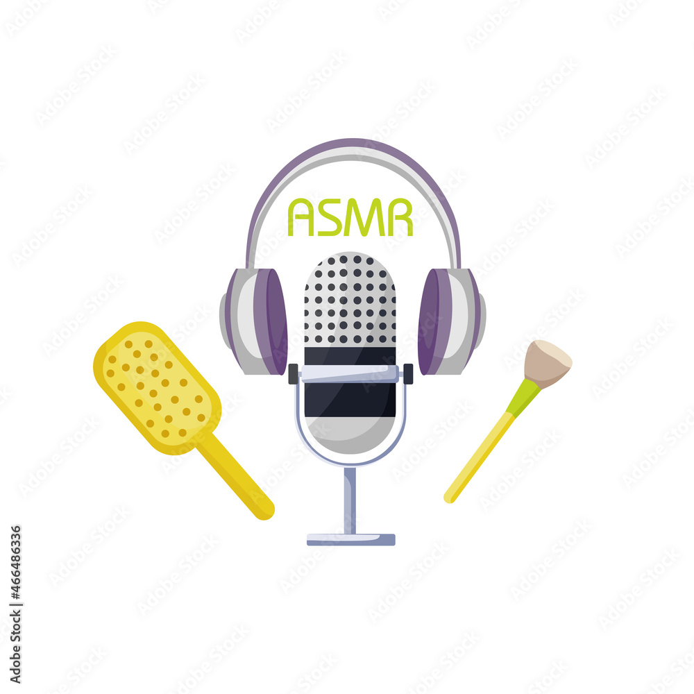 ASMR logo for splash screen. Microphone, headphones, brush and ...