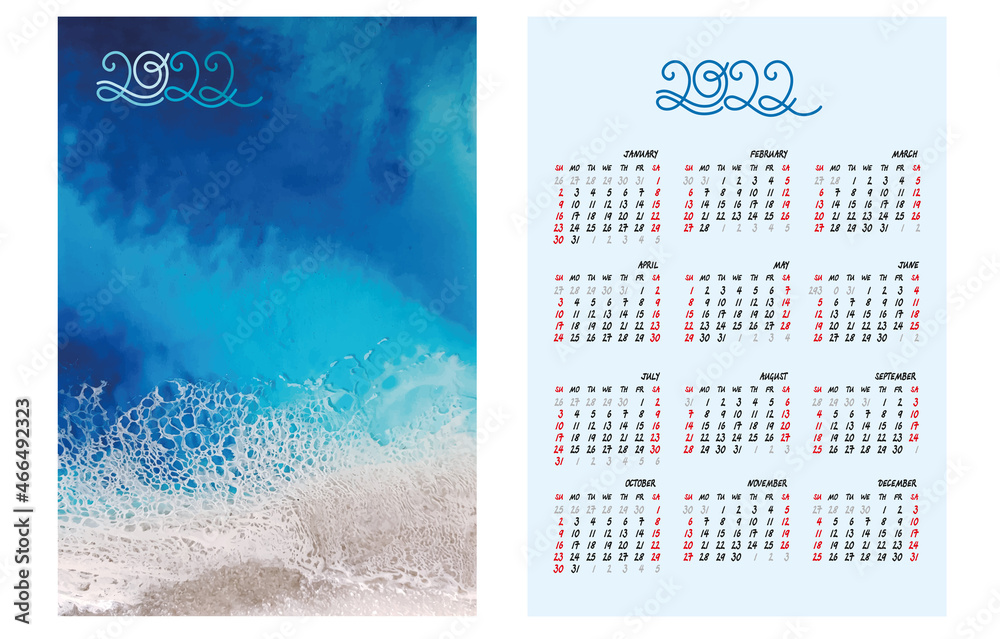 Layout of a pocket calendar with a grid for 2022. Sea background, waves ...