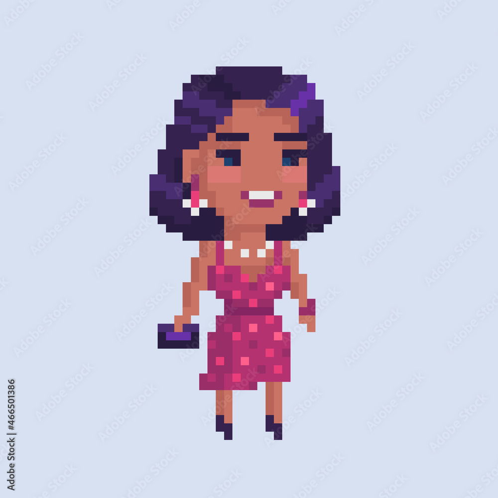 Pixel art girl character.Beautiful woman in evening dress . vector de ...