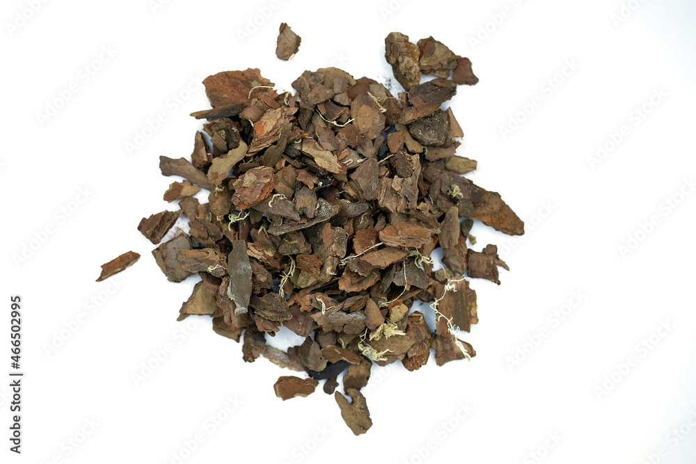 Substrate and soil for orchids on a white background top view. Chopped ...