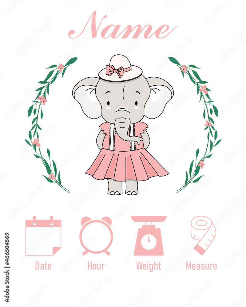 Cute elephant. Baby birth print. Baby data template at birth. Weight ...