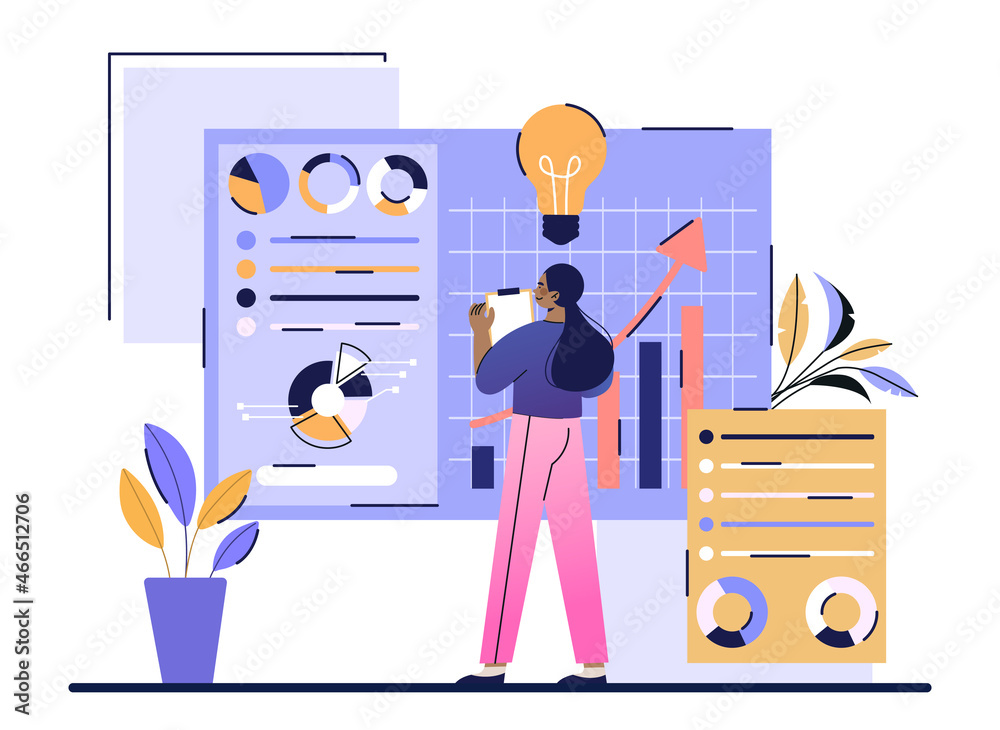 Vetor de Competitive intelligence. Woman analyzes company statistics ...