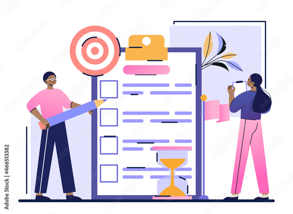 Planning day concept. Man and woman create large list of tasks to ...