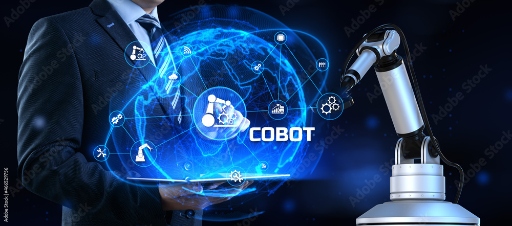 Cobot collaborative robot arm 3d render. industrial automation ...