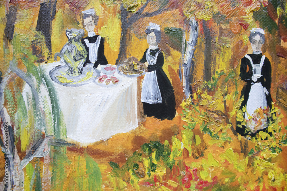 Servants in black uniforms and white aprons. Autumn landscape with ...