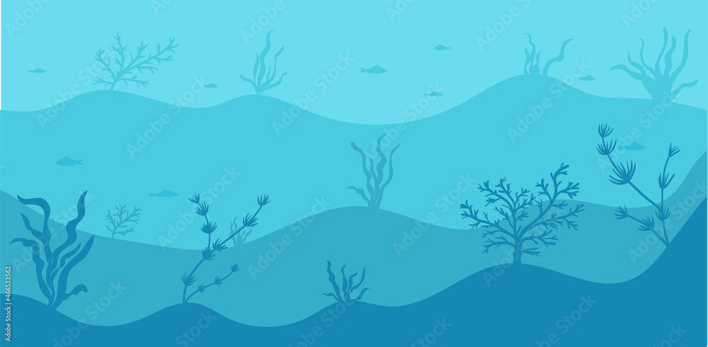 Poster Underwater horizontal background, seabed silhouette with algae ...