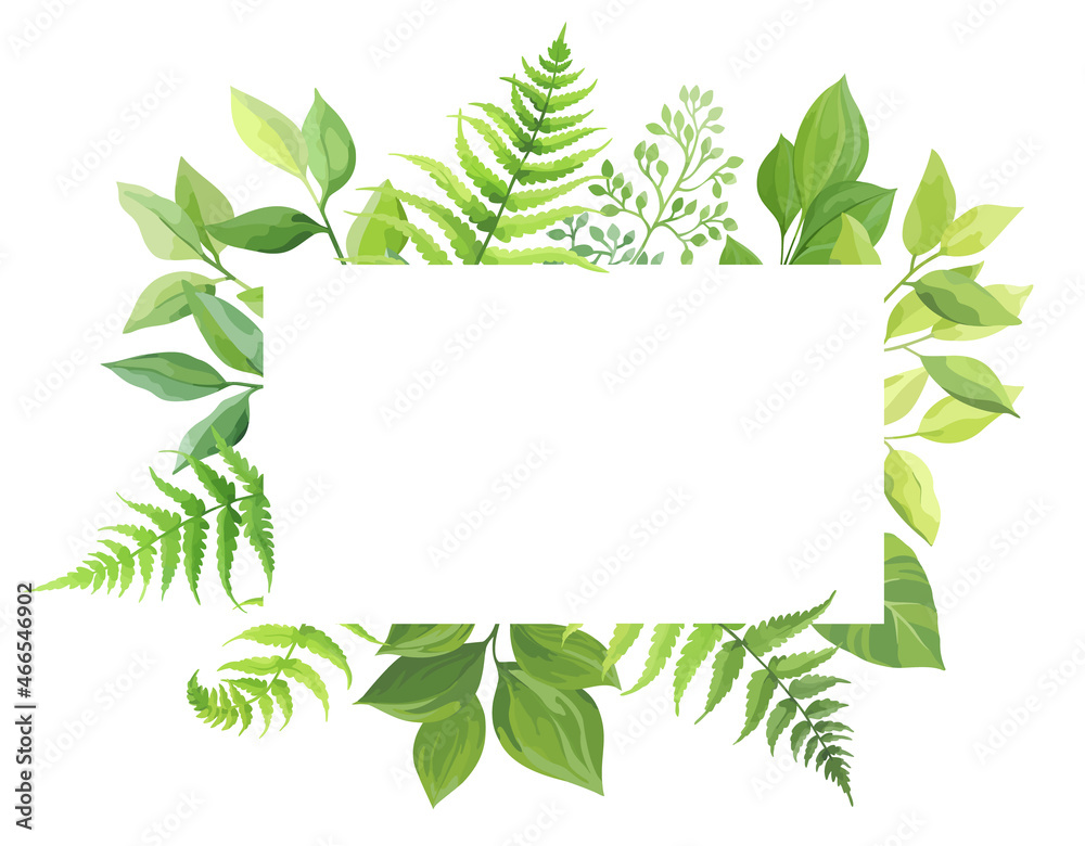 Green leaves rectangular frame template. Floral border with place for ...