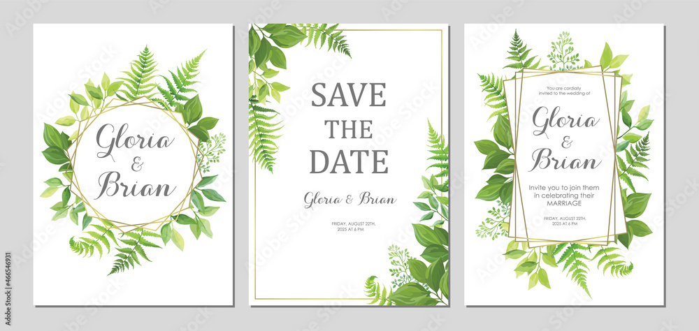 Wedding invitation with green leaves border and geometric frames ...