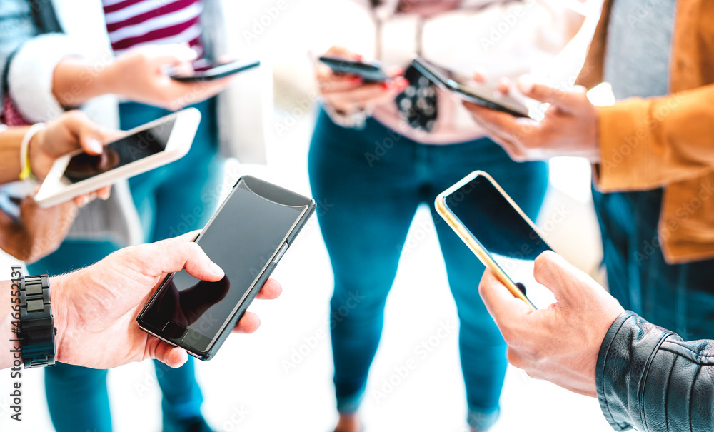 Friends group sharing content on mobile smart phone - Close up of ...