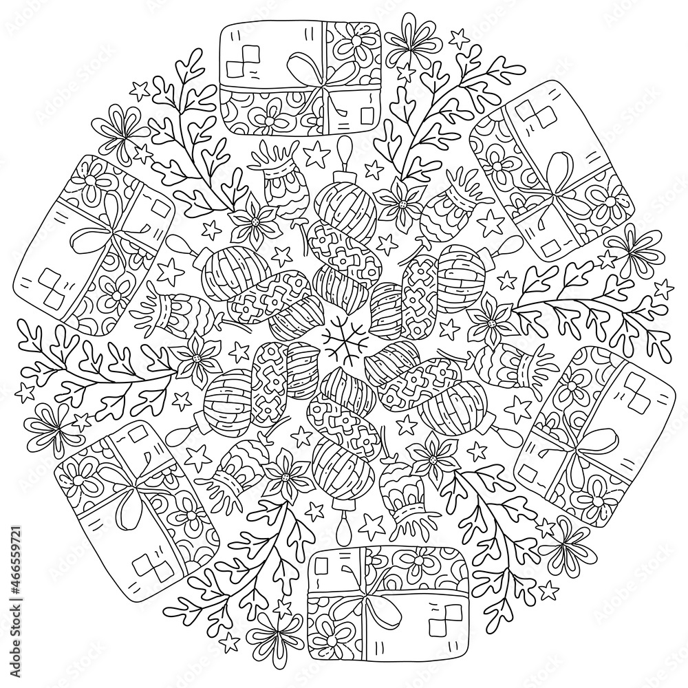New Year, Christmas circle mandala. Hand drawing coloring page for kids ...