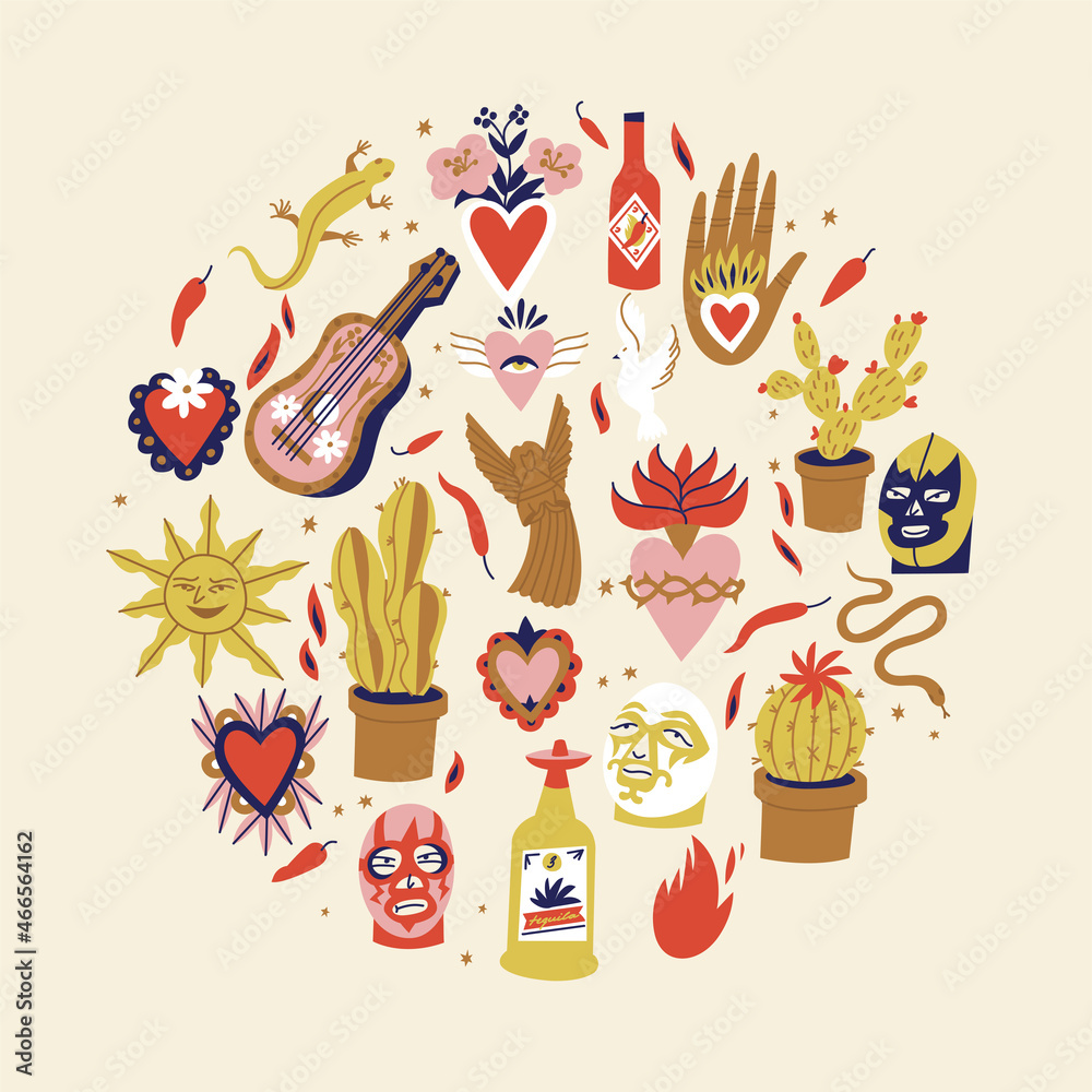 Vector illustration set of mexican culture symbols with traditional ...