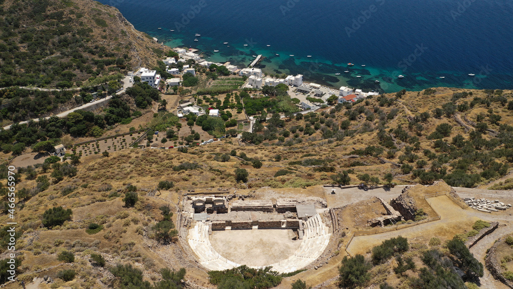 Aerial drone photo of iconic ancient theatre of Milos island where ...