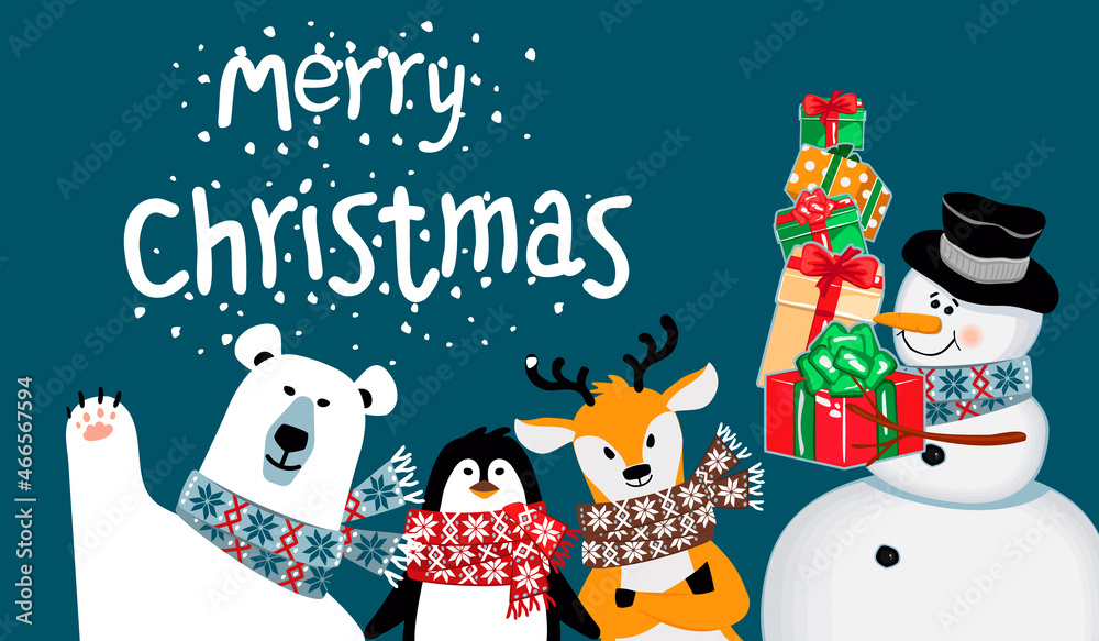 Merry Christmass banner with animals and snowman with gifts.Winter ...